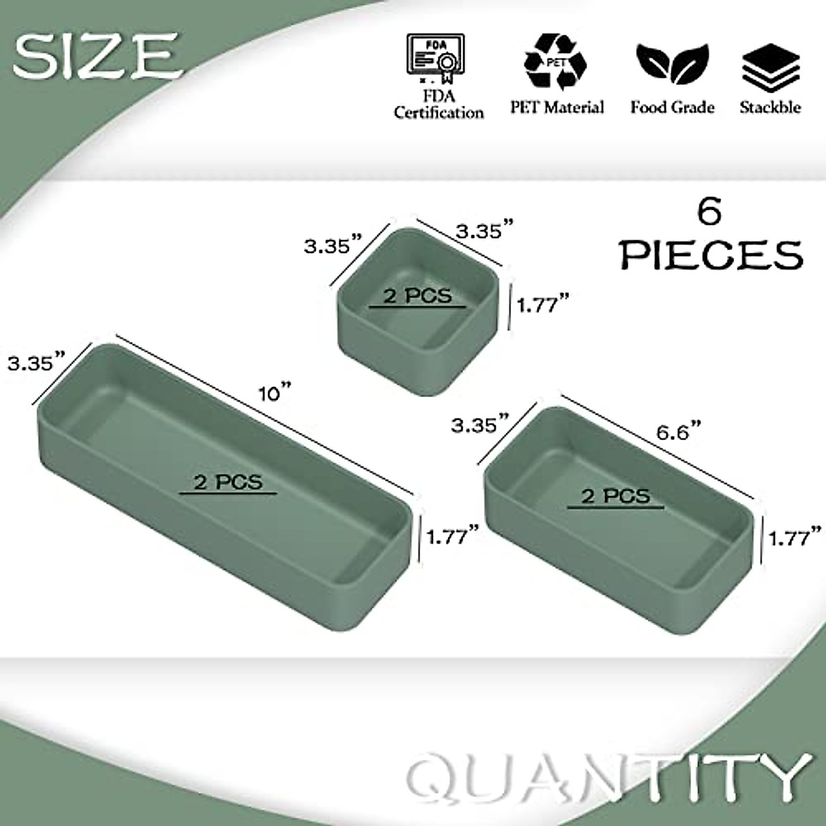 CHANCETSUI 6 PCS Stackable Drawer Organizers Set, Versatile Desk and Vanity Drawer Organizer Trays, Storage Bins for Makeup, Bathroom, Bedroom, Kitchen and Office, Green