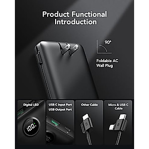 VRURC Portable Charger 20000mAh, Fast Charging Power Bank USB C,4 Output 2 Input Charging Bank Equipped with LED Display,Built-in Wall Plug and Cables,Cell Phone Replacement Battery,Black