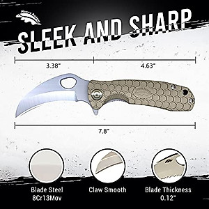 Western Active Honey Badger Pocket Knife, EDC Claw Hawkbill Folding Utility Knife, EDC Knife with Stainless Steel Blade, Claw Pocket Knives, Reversible Pocket Clip - 3.4" (Claw Smooth Large Tan)