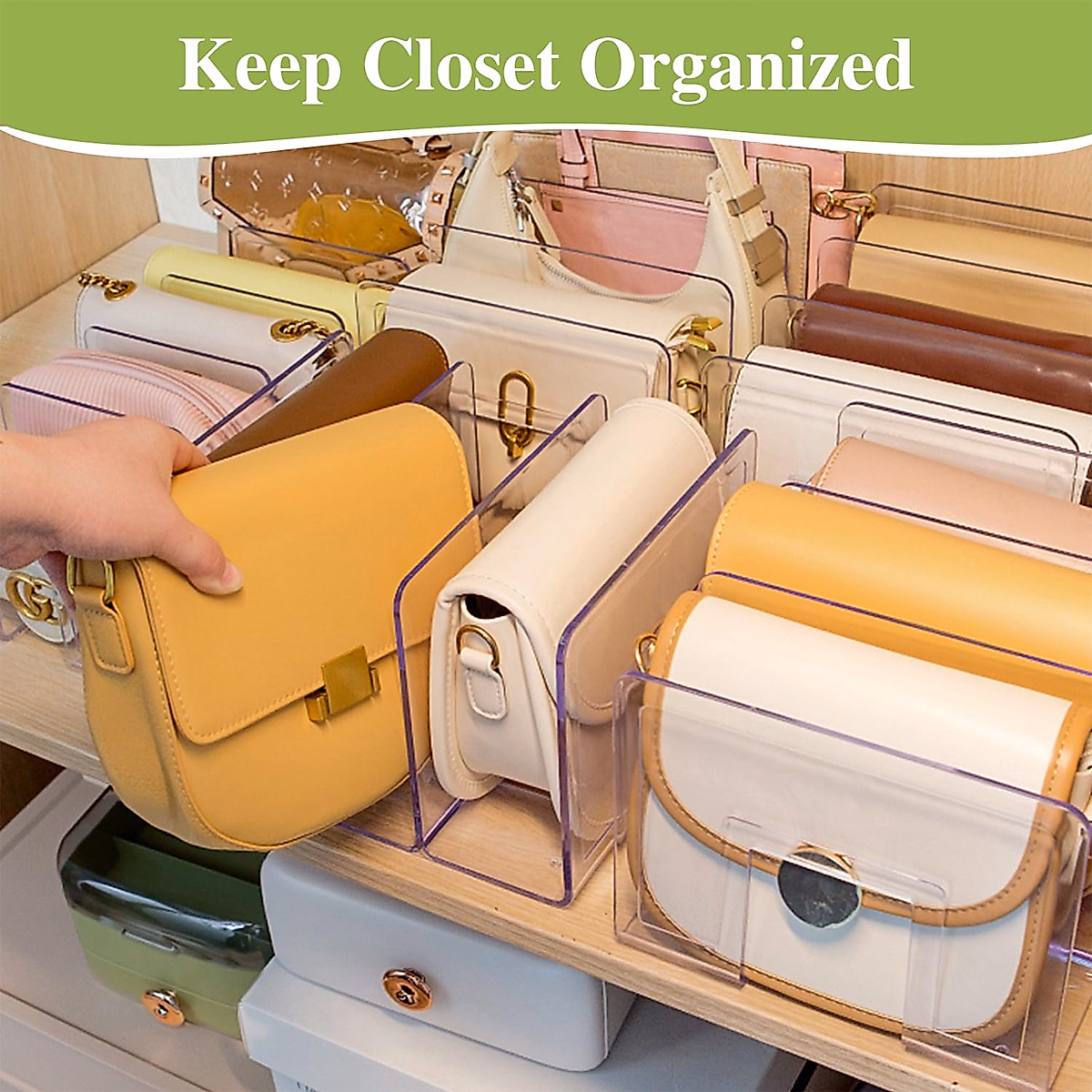 2 Pcs Purse Organizer for Closet, Acrylic Clear Purse Storage Organizers, Closet Organizers and Storage Purse Handbag Divider Holder, 4 Sections Purse Organizers Dividers in Bedroom Office (bright)