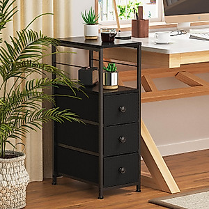 YBING Narrow Dresser, Side Table with 3 Fabric Drawers, Slim Dresser with Open Shelves, Slim Bedside Table for Bedroom, Small Spaces, Black