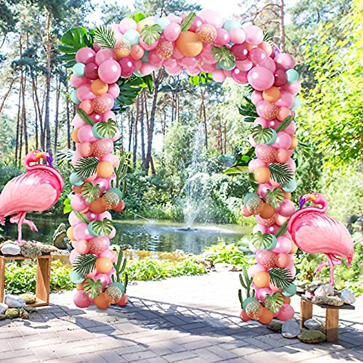 124Pcs Tropical Flamingo Balloon Arch Garland Kit 40" Flamingo Balloons Hot Pink Confetti Balloons Tropical Palm Leaves 4 Tools Hawaiian Luau Birthday Wedding Baby Shower Party Decorations Supplies