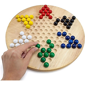 Brybelly Chinese Checkers Game Set with 11.5 in Natural Wood Checkers Board | 60 Wood Marbles in 6 Bright Colors for Adults, Boys and Girls Game Playing