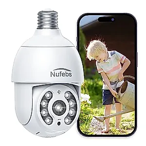NUFEBS 1080P/2MP Light Bulb Security Camera 2.4G WiFi Security Cameras Wireless Outdoor Indoor for Home Security, 355° Monitoring, Auto Tracking, 24/7 Recording, Color Night Vision