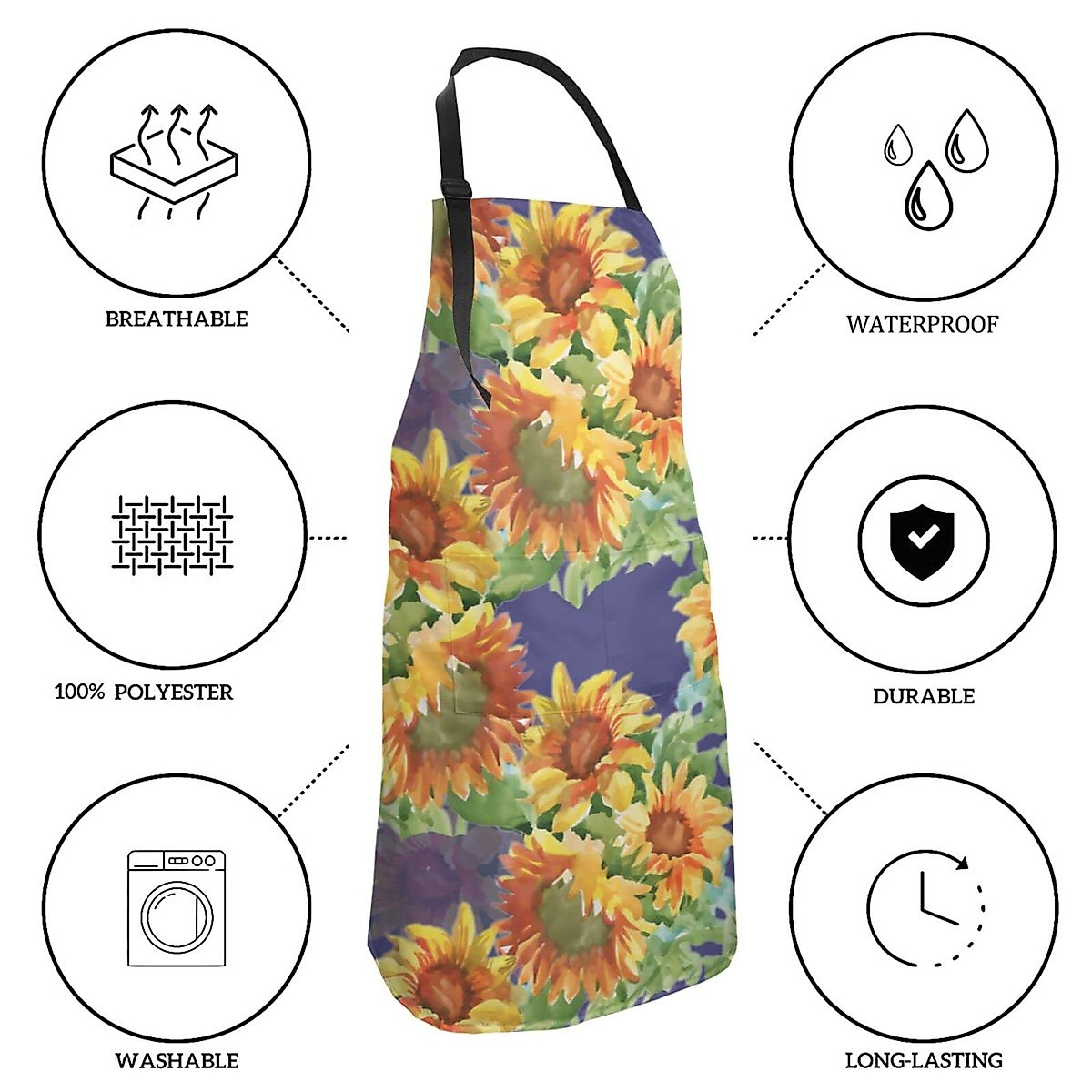 Oplp Watercolor Sunflowers Summer 3 Piece Kitchen Set Waterproof Apron with Oven Mitt and Pot Holder Cooking Adjustable Apron Microwave Glove Potholder