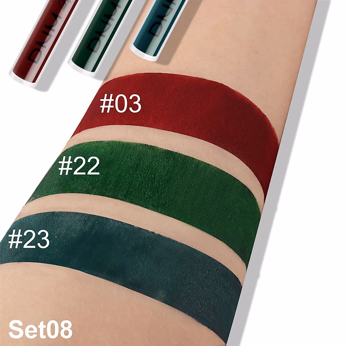 evpct 3Pcs Dark Color Colored Red Emerald Green Matte Liquid Lipstick Make up Set 24 Hour Long Lasting Waterproof Smudge Proof Deep red Green Liquid Lipstick Matte Lip Stain Gloss Liner Green Kit 8