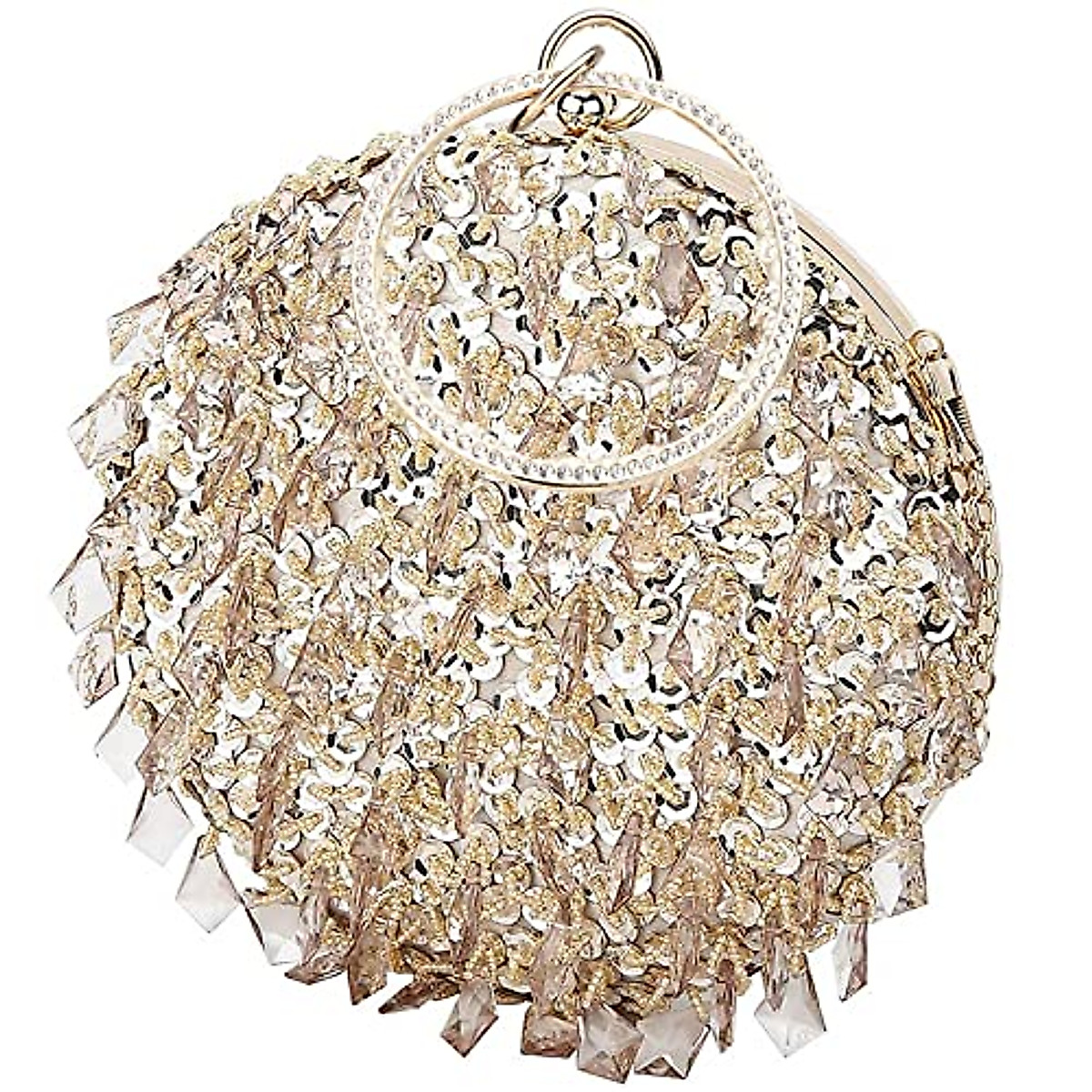 UBORSE Round Clutch Purse for Women Gold Beaded Evening Bag Crystal Sequin Prom Party Handbag with Rhinestone Handle