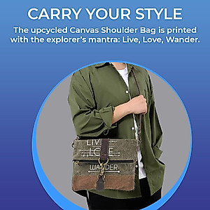 SAGEFINDS Live Love Wander Upcycled Canvas Crossbody Bag | Earth Friendly Materials | Shoulder Purse | Small Clutch | Fold-Over Zip Top | 22” Detachable Strap