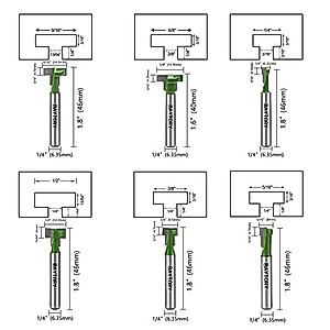 BAYTORY 6Pcs Keyhole Router Bits Set, 1/4" Shank Router Keyhole Bit Set -1/4 & 5/16 & 3/8 & 9/16 & 1/2 & 5/8 inch Blade Diameter for Wood Hex Bolt T-Track Slotting Milling Cutters Set (Green)
