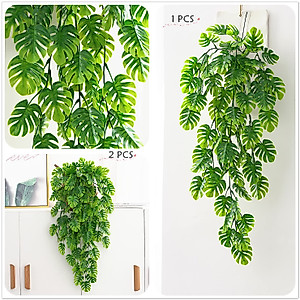 CATTREE Artificial Monstera Vines 2 Pack, Fake Ivy Tropical Leaf Jungle Leaves Plant Vine Greenery Artificial Hanging Plants for Home Kitchen Garden Office Wedding Wall Decoration