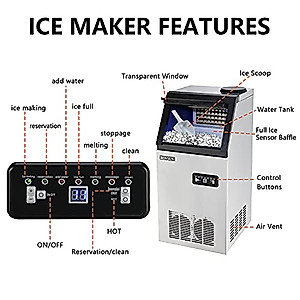 ROVSUN 110LBS/24H Commercial Ice Maker Machine with 24lbs Storage Bin, Freestanding Ice Machine for Home Office Restaurant Bar Cafe, Includes Scoop & Connection Hose