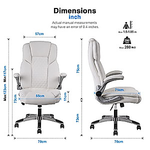 Managerial and Executive Office Chair,Ergonomic White PU Leather Office Desk Chair,Diamond Stitched High Back Swivel Task Chair with Rocking Function,Adjustable Flip-up Armrests Computer Chair
