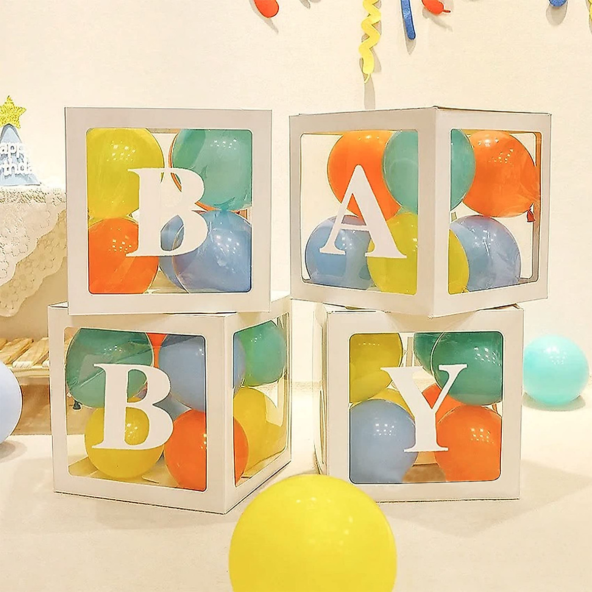 JOYYPOP Baby Boxes with Letters for Baby Shower, 4 Transparent Balloon Boxes with 16 Letters for Boys & Girls Birthday, Gender Reveal Decorations and Wedding Party(White)