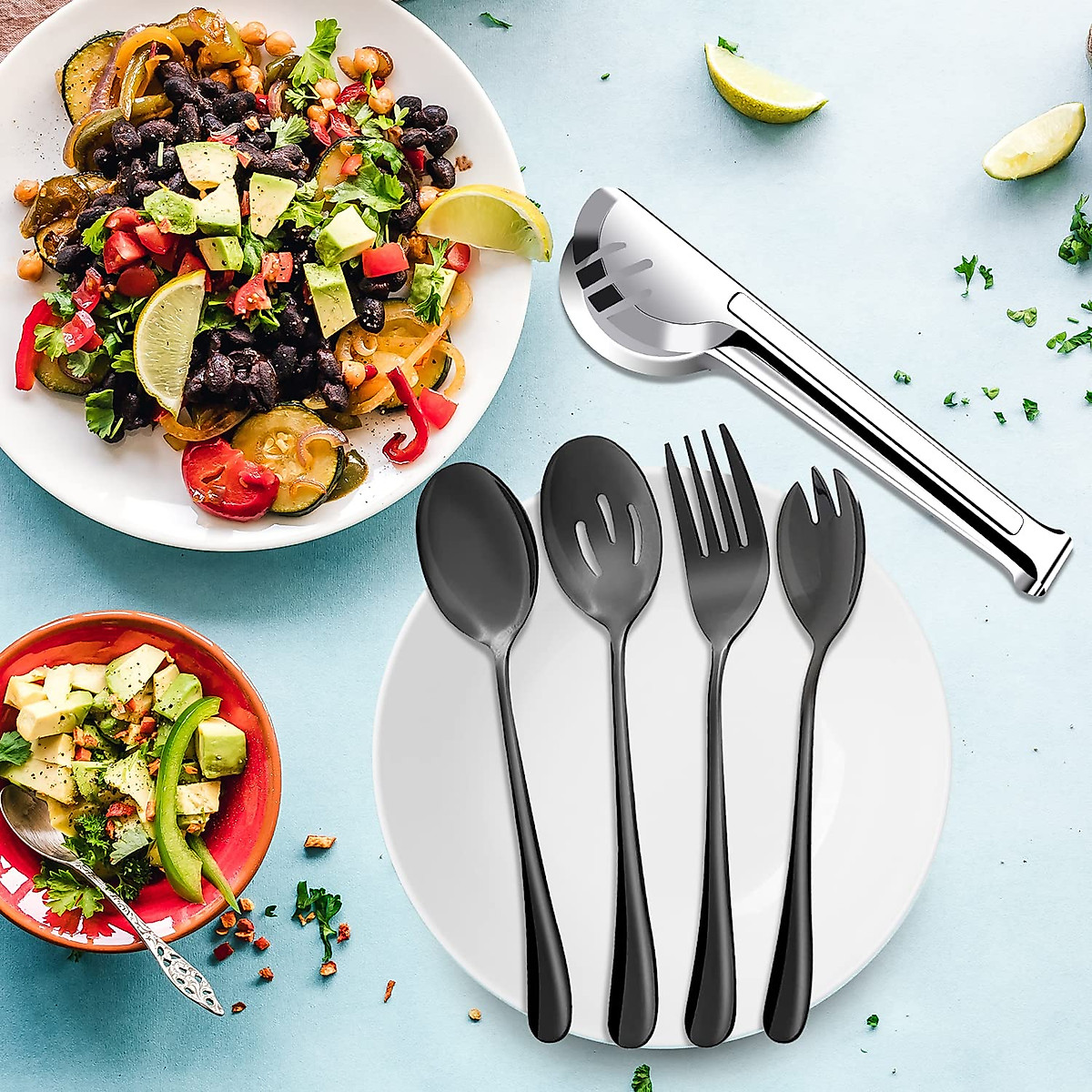 18 Pieces Stainless Steel Serving Utensils Set, Large Serving Spoons Serving Forks Serving Tongs Soup Ladle Salad Spoon Buffet Serving Utensils for for Kitchen Party Supply Dishwasher Safe, Black