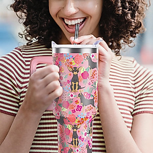 owbgsdh Chihuahua Gifts for Women Dog Lovers 40 oz Floral Chihuahua Tumblers with Handle and Straw, Stainless Steel Vacuum Insulated Travel Coffee Mug Cup Water Bottle