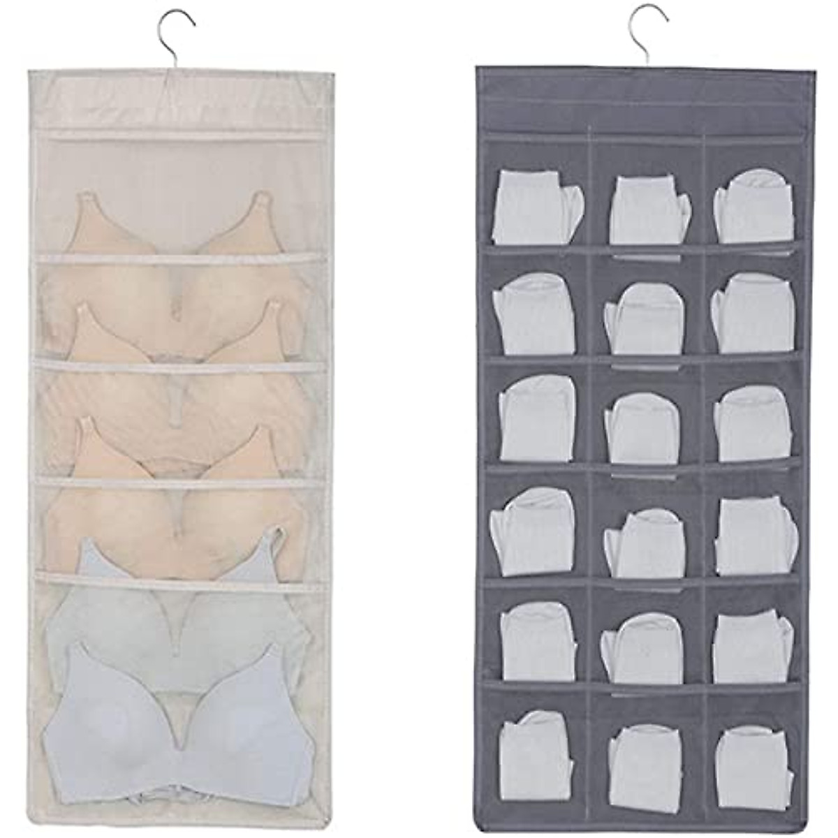 ST-BEST-P Bra and Underwear Hanging Storage Organizer Mesh Pockets Dual Sided Wall Shelves Space Saver Bag Sock Underpants Drawer Closet Clothes Rack (Beige:(6+18 Pockets))