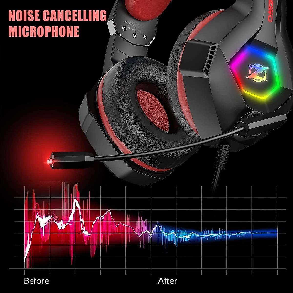 Ozeino Gaming Headset for PC, Ps4, Ps5, Xbox Headset with 7.1 Surround Sound, Gaming Headphones with Noise Cancelling Mic RGB Light Over Ear Headphones for Xbox Series X/S, Switch -Red