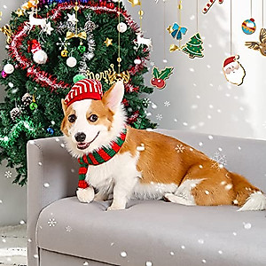 Christmas Costume Hat with Scarf for Cats and Dogs, 2 Pcs Adjustable Santa Hat Scarf Set, Xmas Pet Warm Outfit Cloth, Medium