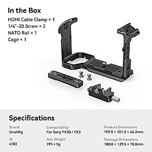 SmallRig Cage for Sony FX30 FX3 with HDMI Cable Clamp, Classic Bright Black Surface, Included Cold Shoe and NATO Rail, Modular Design Compatible with Original XLR Handle - 4183