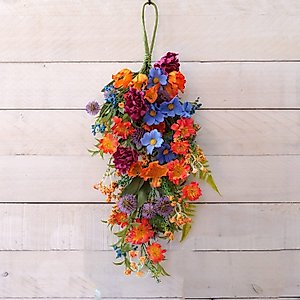 Orchid & Ivy 26-Inch Colorful Artificial Dahlia Flower Swag Drop Wreath w/Wildflower Accents and Greenery - Decorative Country Rustic Front Door Decoration - Inside Outside Hanging Floral Home Decor