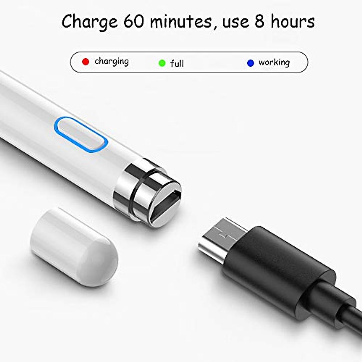 DOGAIN Active Stylus Pen for Android,iOS, iPad/iPad 2/New iPad 3/iPad4/iPad Pro/iPad Mini/iPad Mini 2/3 /4 and Most Tablet,1.5mm Fine Point Rechargeable Digital Stylus Pen（White）
