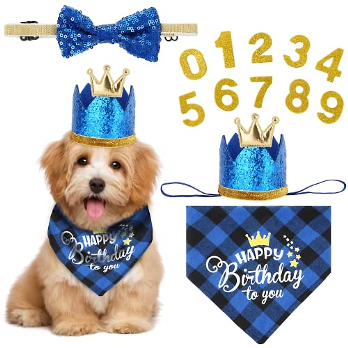 Dog Birthday Costume Set, Boy Dog Birthday Crown Hat Plaid Bandana with Bowtie and Numbers 0-9, Dog Triangle Birthday Scarf Outfit Set for Small, Medium, Large Dogs, Blue