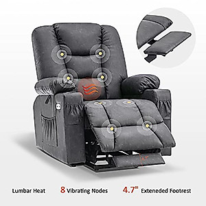 MCombo Power Lift Recliner Chair with Massage and Heat for Elderly, Extended Footrest, 3 Positions, Lumbar Pillow, Cup Holders, USB Ports, Faux Leather 7519 (Medium, Dark Grey)