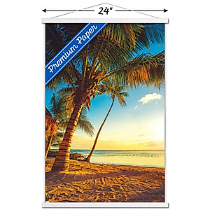 Trends International Scenery-Sunset on The Beach Wall Poster with Magnetic Frame, 22.375" x 34", Premium Print and White Hanger Bundle