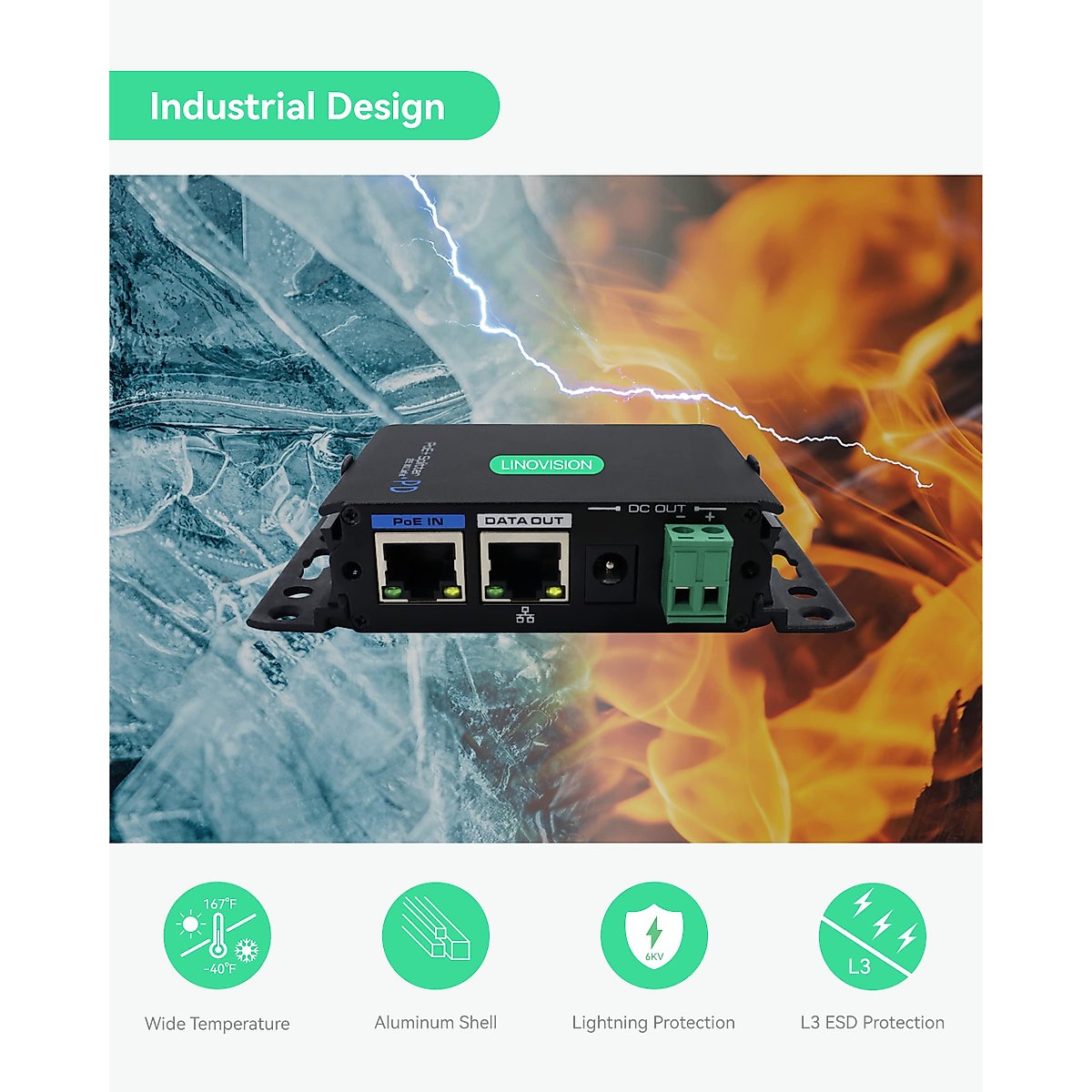 LINOVISION Industrial Gigabit POE+ Splitter with DC12V/DC24V/ POE 24V Output, Wide Voltage Input, IEEE802.3af/at POE to DC Power Supply for Security Cameras, Access Control Systems