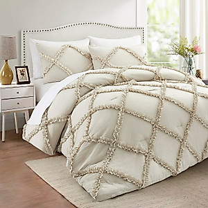 Comforter Set King Size – 3 Piece Farmhouse Bedding Set Cover Ruffle & Lightweight Comforter and Pillow Case Vintage Bedding for Bedroom as Home Chic Comforter for Luxury Comfort