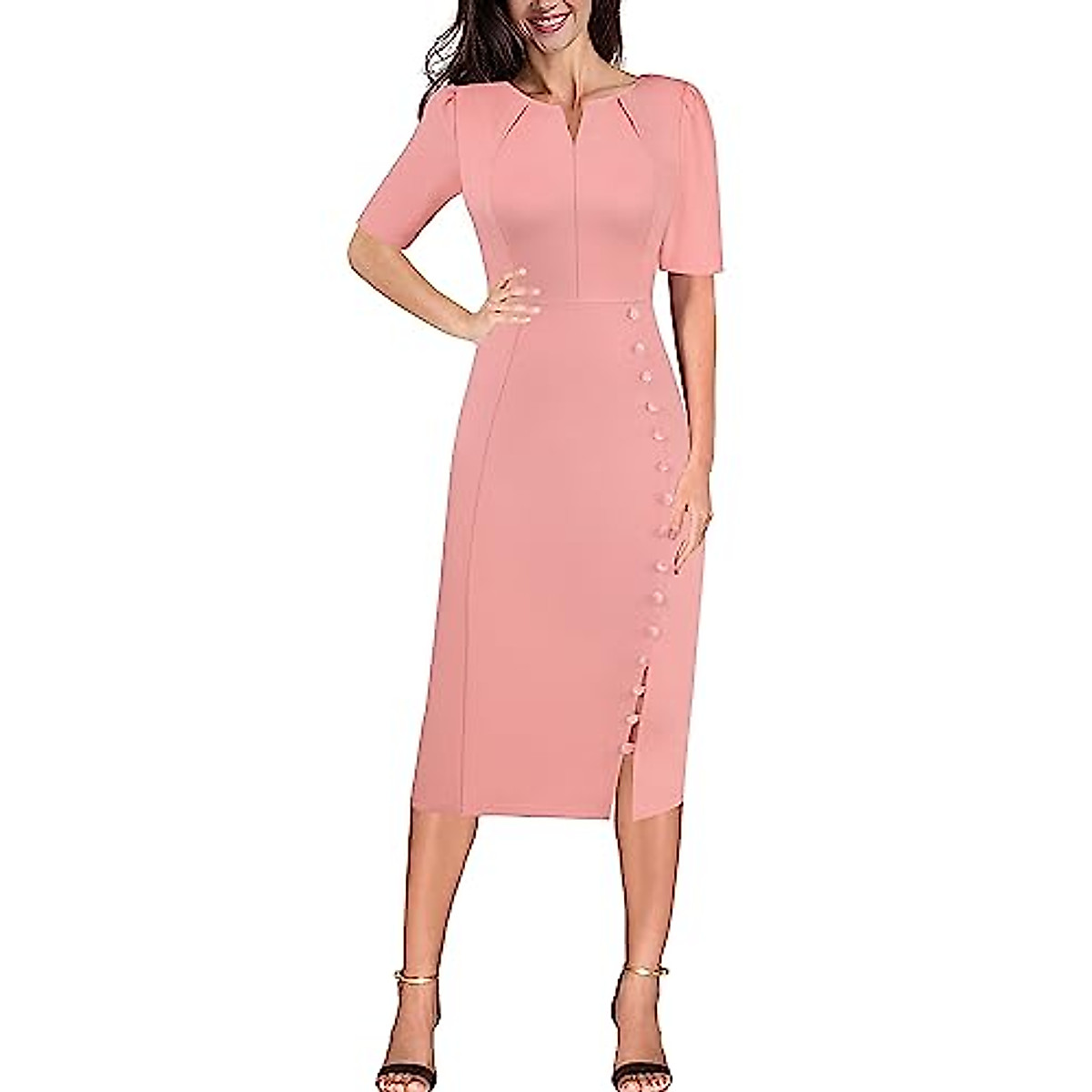 VFSHOW Womens Wear to Work Buttons Slit Pleated Notch V Neck Flattering Business Party Office Church Slim Bodycon Pencil Sheath Midi Dress (Peach Pink, X-Large) 10246 PIK XL