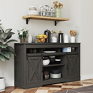 FansaFurn Farmhouse TV Stand for 65+ Inch TV, 34'' Tall Entertainment Center with Sliding Barn Doors, Rustic Wood Media Console Storage Cabinet Television Stand for Living Room, Bedroom (Dark Grey)