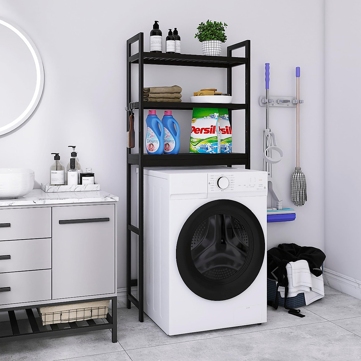 SMIBUY Bathroom Storage Shelf, Bamboo Over-The-Toilet Organizer Rack, Freestanding Toilet Space Saver with 3-Tier Adjustable Shelves (Black)