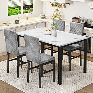 Recaceik Dining Table Set for 4, Kitchen Table and Chairs Set of 4, Faux Marble Dinner Table Set with 4 Upholstered Velvet Chairs, Dining Room Table Set for Kitchen Dining Room (White & Grey)