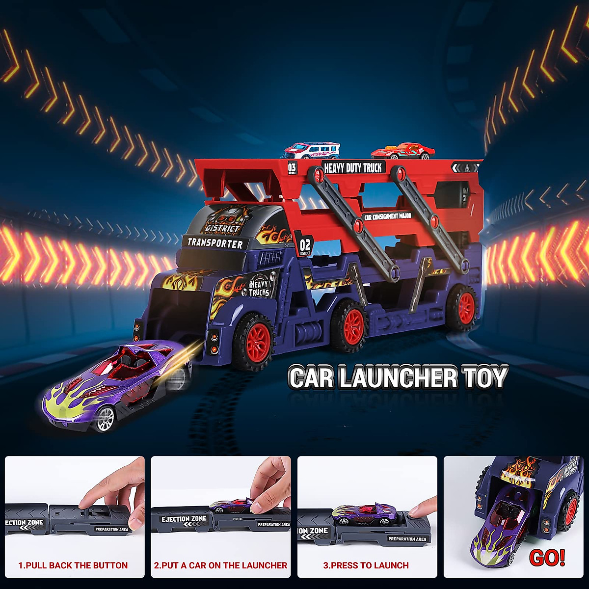 Toddler Boys Toys for 3-4 Year Old,Large Transport Cars Carrier Set Truck Launcher Toys with 8 Die-cast Vehicles Truck Toys Cars,Ideal Gift Toys for Kids Age 3-7