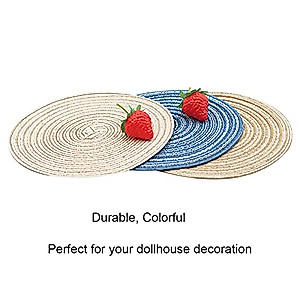 Bbiamsleep 3 Pcs 7.7 Inch Diameter 1:6 Dollhouse Braided Indoor Area Rug Hand Woven Area Carpet Round Beige Wheat Blue Rugs Natural Rustic Vintage Braided Durable Rug Eco Friendly