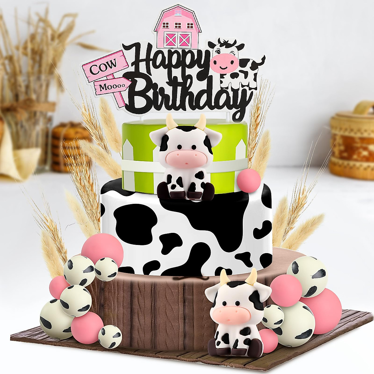 Pinkunn 23 Pcs Cow Cake Topper Farm Cake Decor Cow Cake Decorations with Cow Miniature Figurines Animal Birthday Party for Cow Theme Baby Shower Boys Girls Birthday Party Cake Decorations Supplies
