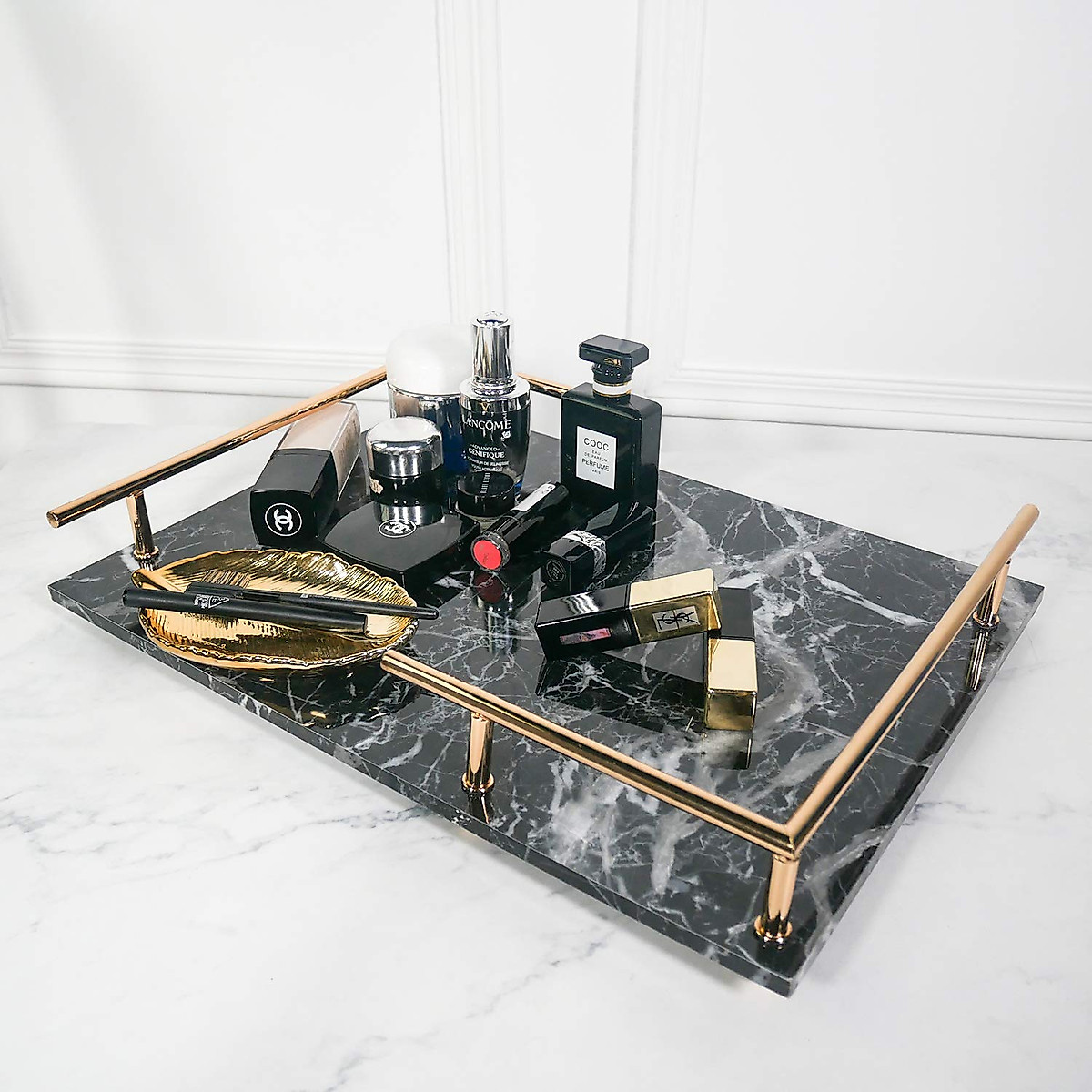 PuTwo Decorative, MDF Marble Print, Handmade Vanity, Perfume Jewelry Metal Handle, Trinket, Catchall Tray, for Dresser Bathroom Table, Black
