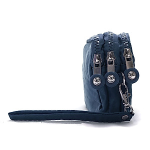 Nupouch Malibu Wristlet Three Zipper Wallet Purse, Handbag, Washed Nylon, Navy