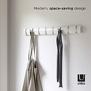 Umbra Flip Wall Mounted Floating Rack – Modern, Sleek, Space-Saving Hanger with Retractable Hang Coats, Scarves, Purses and More, 8 Hook, White