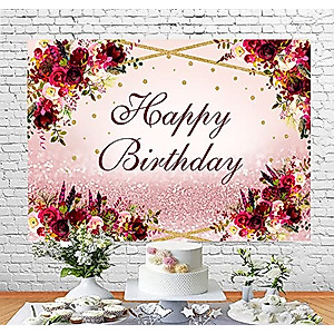 InMemory Burgundy Flower Happy Birthday Backdrop Rose Gold Glitter Birthday Photography Background Rustic Floral Backdrops for Women Lady Girls Bday Party Decorations Banner Photo Booth Supplies 5x3ft