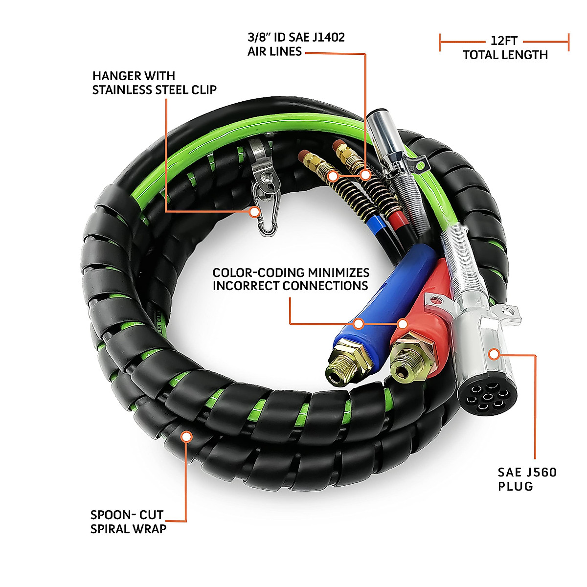 Torque 12ft 3 in 1 ABS & Air Power Line Hose Kit Airline Air Hose with Glad Hands Wrap 7 Way Electrical Cable with Handle Grip & Gladhands for Semi Truck Trailer Tractor (TR813212)
