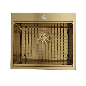 STARSTAR Workstation Ledge Topmount/Drop-in Single Bowl Satin Matte Stainless Steel Kitchen/Yard/Bar/Laundry/Office Sink, With Grid, Colander, Cutting Board, Strainer (23x20x9 Gold)