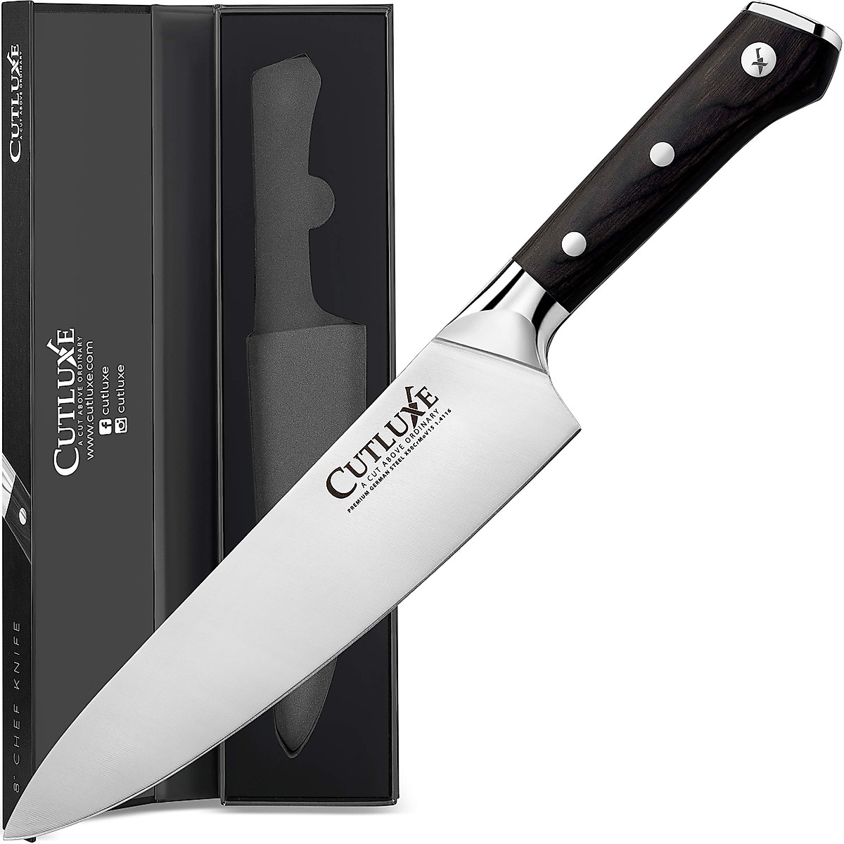 Cutluxe Chef Knife and Honing Steel Rod– Forged High Carbon German Steel – Full Tang & Razor Sharp – Ergonomic Handle Design – Artisan Series