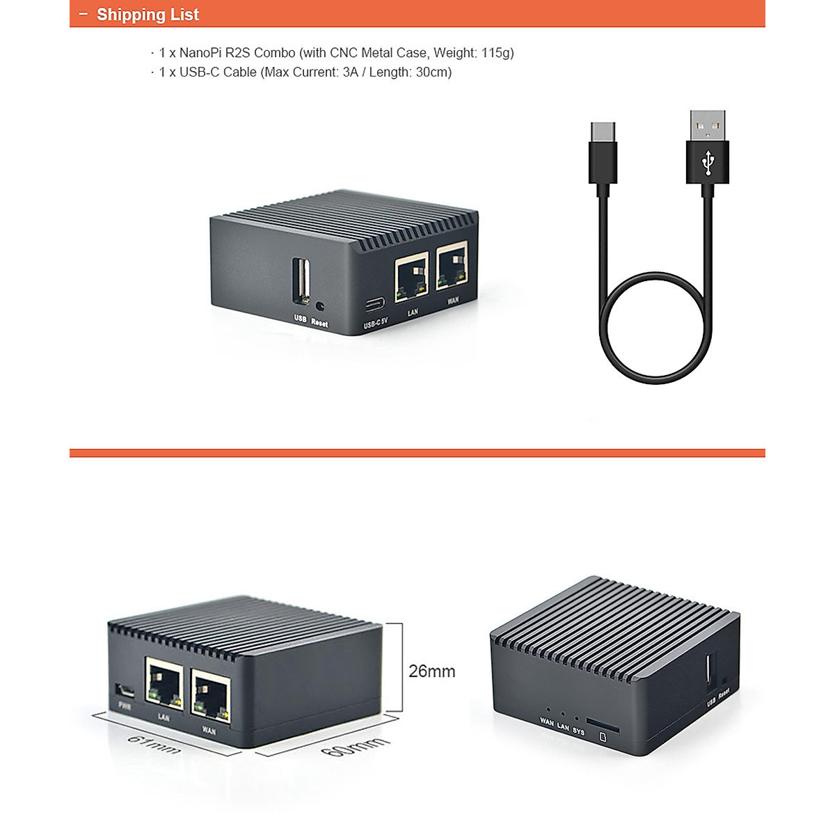 NanoPi R2S Open Source Mini Router with Dual-Gbps Ethernet Ports 1GB DDR4 Based in RK3328 Soc for IOT NAS Smart Home Gateway, Bundle with CNC Metal Case