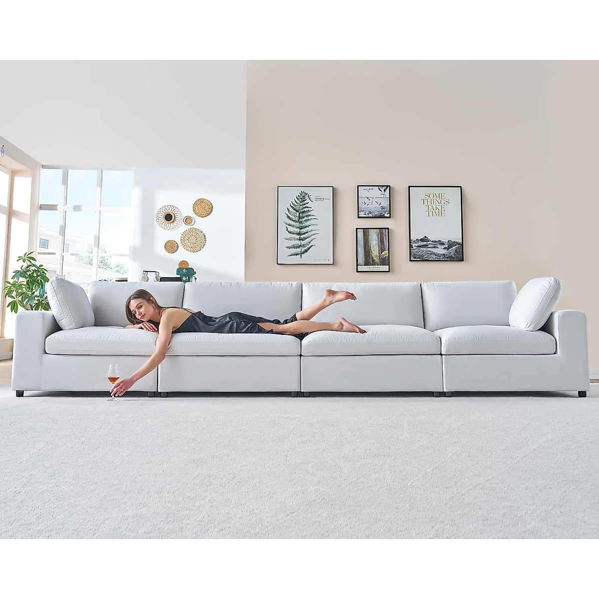 PaPaJet Modular Sectional Sofa, 114 Inches Down Filled Sectional Sofa, 3 Seater Oversized Comfy Couch for Living Room, White Linen Cloud Couch Set