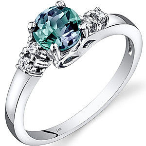 PEORA Created Alexandrite Solstice Ring for Women 14K White Gold with Genuine Diamonds, Color Changing 1 Carat Round Shape 6mm, Comfort Fit, Size 8