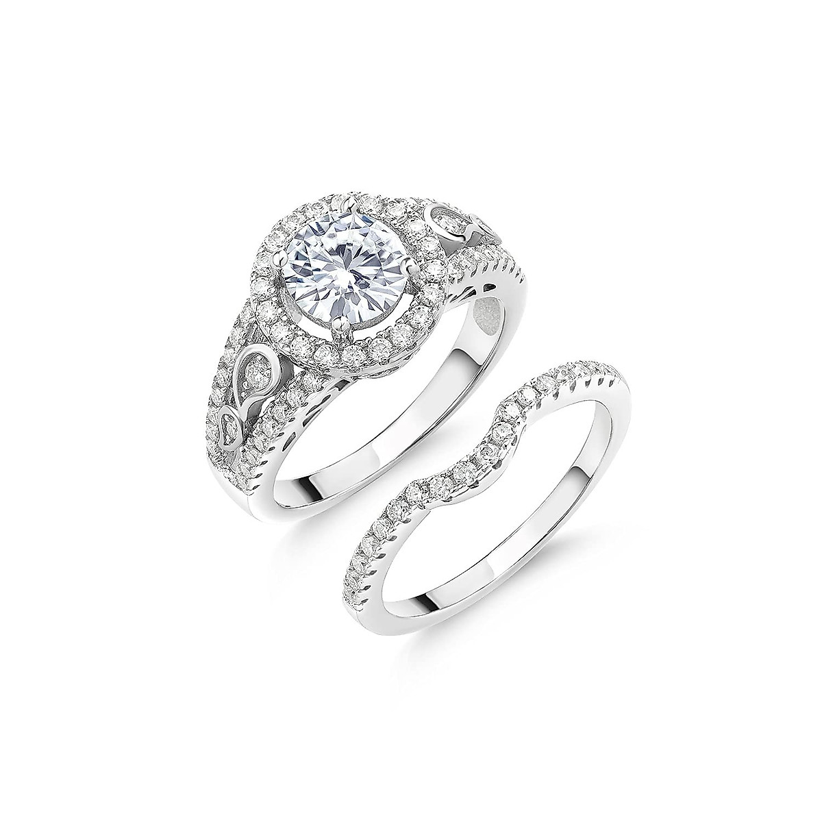 Gem Stone King 925 Sterling Silver Moissanite Women Wedding Engagement Ring Band Bridal Set (1.74 Cttw, Center 6.5MM, Available in size 5, 6, 7, 8, 9)