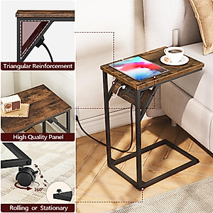 MAHANCRIS C Shaped End Table with Charging Station, Sofa Table with USB Ports and Outlets for Small Spaces, Small Side Table for Living Room, Bedroom, C Couch Table, Rustic Brown ETHR06E01
