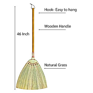 Asian Broom 46 inch - Straw Soft Broom - Long Handle Broomstick for Cleaning, Decoration, Wedding-Natural Whisk Broom for House, Garage, Office,Kitchen - Indoor Grass Broom